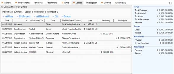 Record Losses Involved in an Incident and View Their Summary